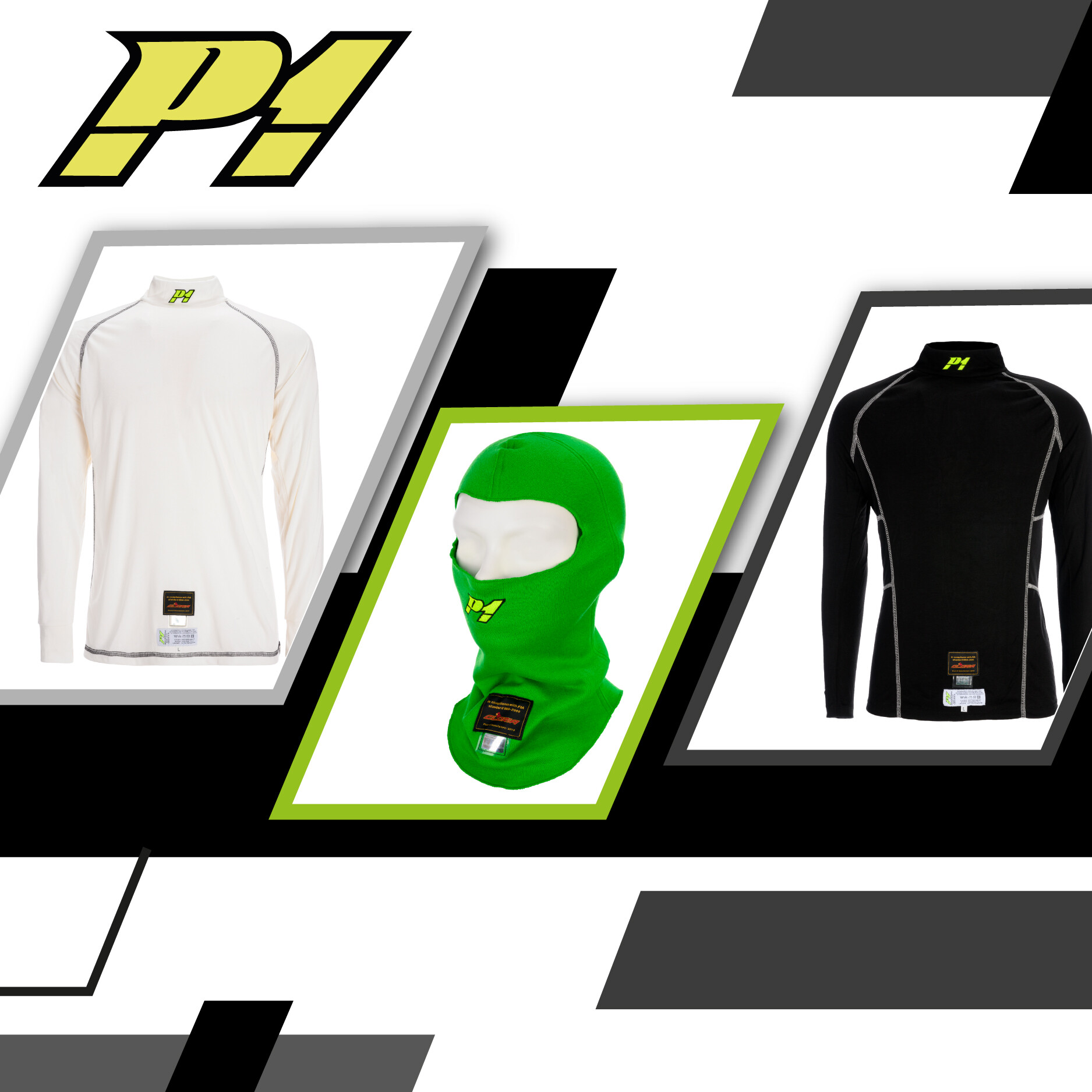 P1 Advanced racewear onderkleding shirts balaclava's meerdere kleuren